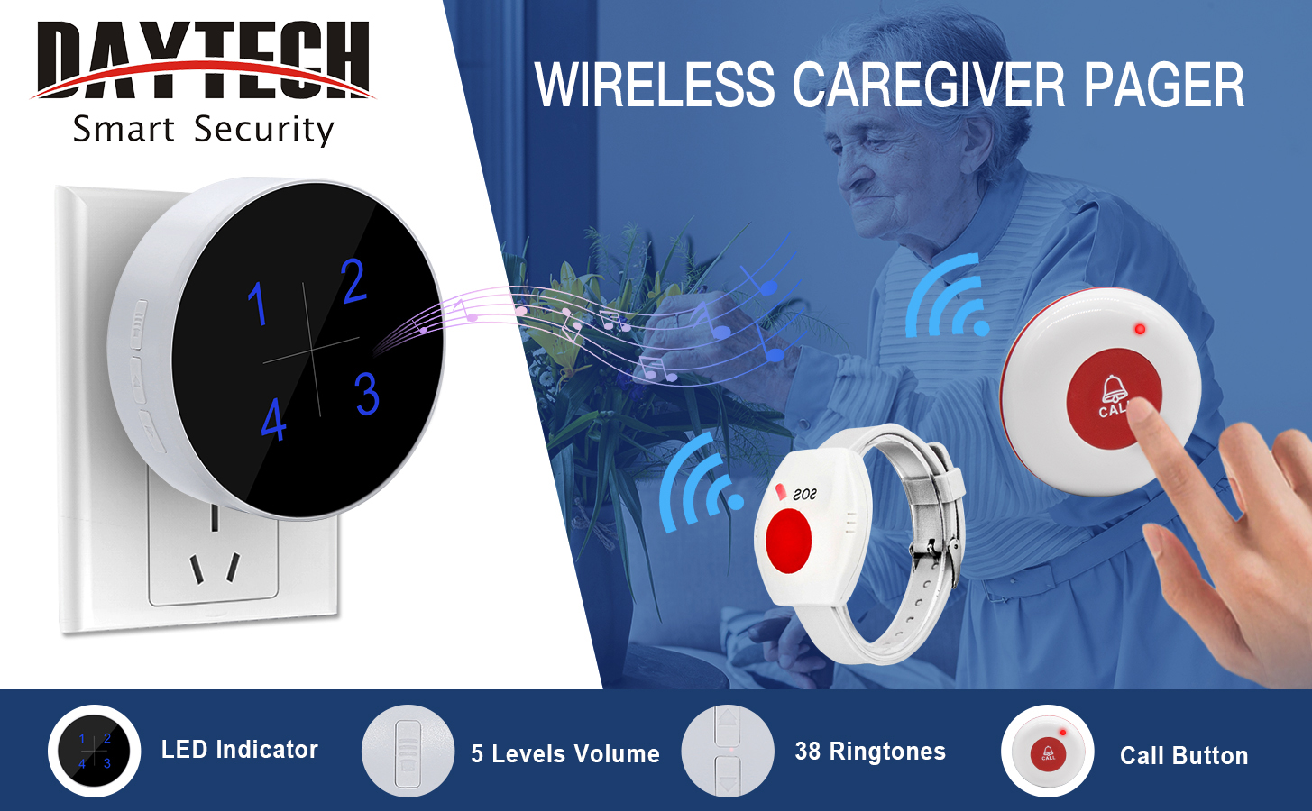 Daytech Wireless Caregiver Pager Call Button 500ft Nurse Alert System ...